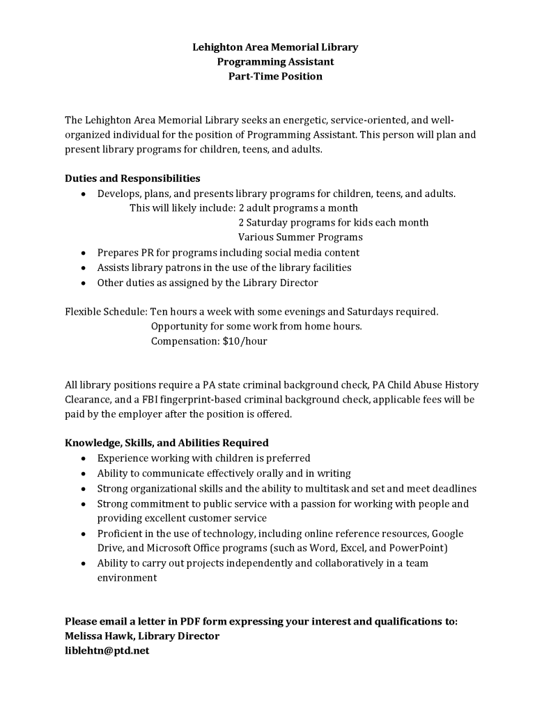program assistant – Lehighton Area Memorial Library